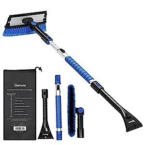 AstroAI 47.2" Ice Scrapers for Car Windshield, 3 in 1 Sturdy Snow Brush with Squeegee, 10 Adjustable Length Settings, Extendable Aluminum Handle, 270° Pivoting Snow Scraper for Car, Truck, SUV(Blue)