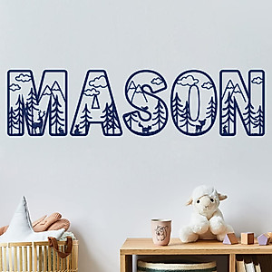 Woodland Animals Custom Name Vinyl Wall Decal Sticker Art for Boys and Girls, Mountain Trees Bedroom and Forest Theme Nursery Room Home Decor for Kids