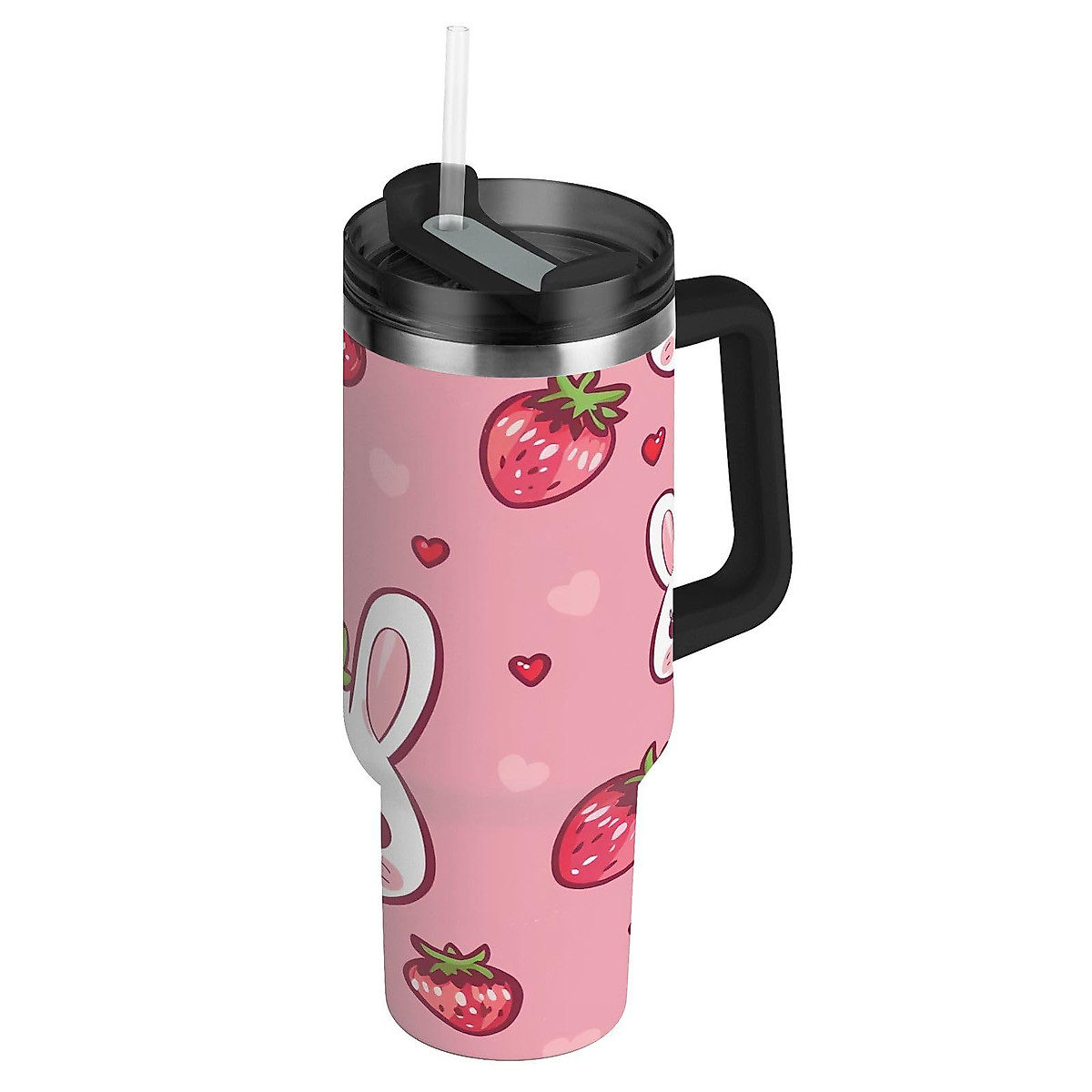 FRCSDIY Rabbits and Strawberries Insulated Tumbler with Handle and Straw Lid,30oz Leakproof Stainless Steel Cup BPA-Free Water Bottle