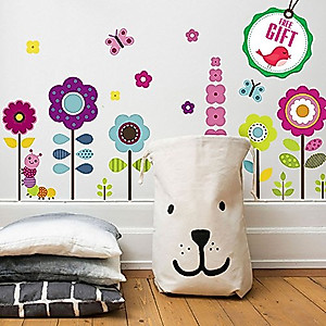 Flower Wall Stickers for Kids - Floral Garden Wall Decals for Girls Room - Removable Toddlers Bedroom Vinyl Nursery Wall Décor [27 Art clings] with Free Bird Gift!
