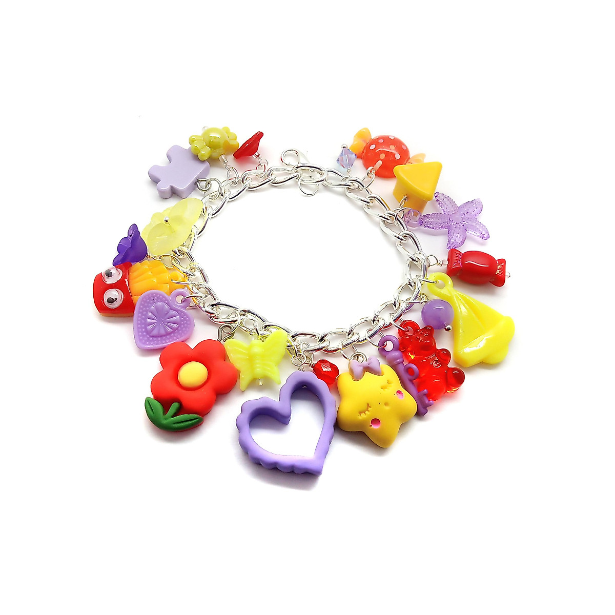 Chunky Charm Bracelet in Red Yellow & Purple, Kawaii Cha Cha Bracelet with Cute Candy Ice Cream Flower and Heart Charms, Adjustable