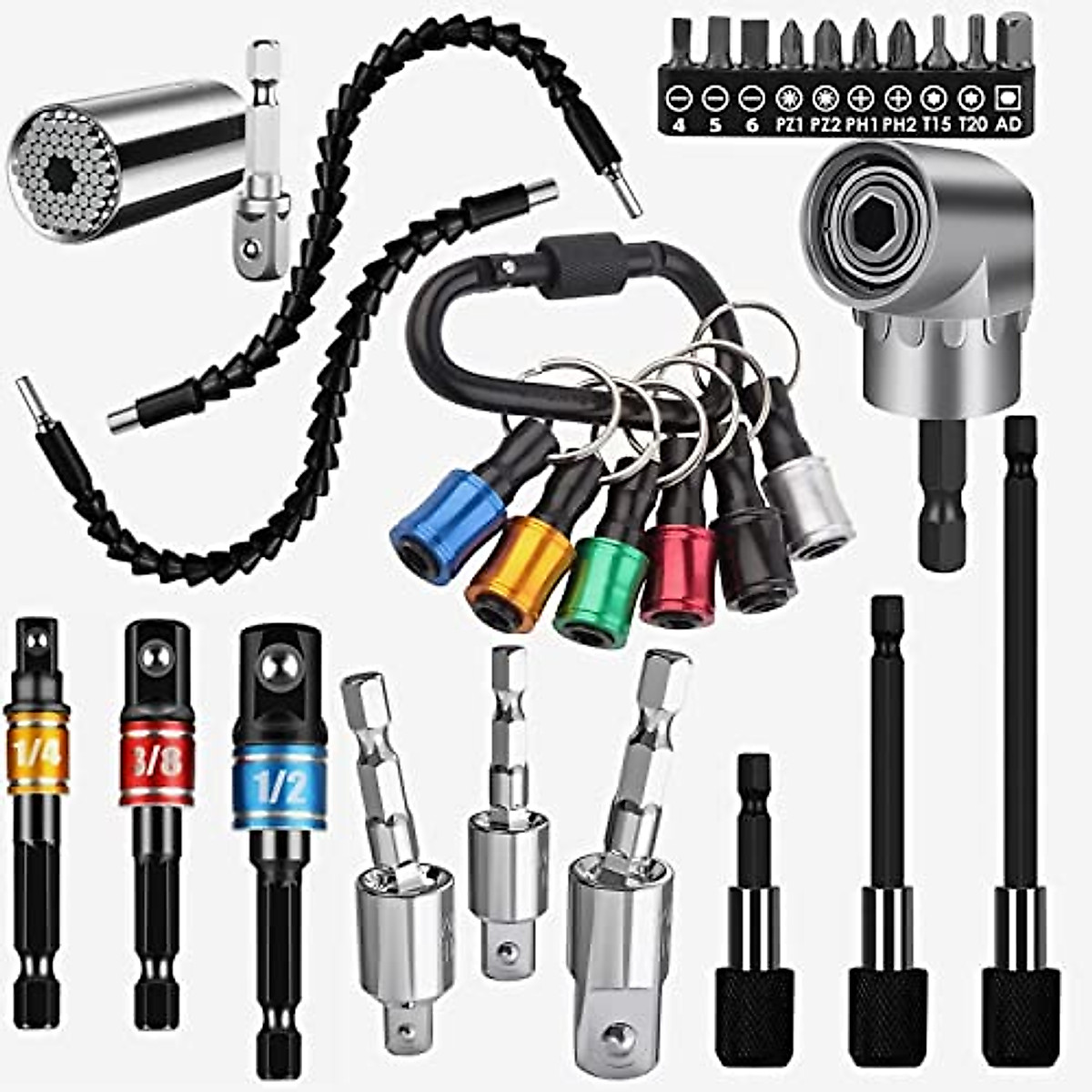 31Pcs Flexible Drill Bit Extension Set,105°Right Angle Drill Attachmen,Rotatable Joint Socket 1/4 3/8 1/2 Inch Hex Socket Adapter,Socket Bendable Drill Bit Extension,6pcs Screwdriver Bits Holder
