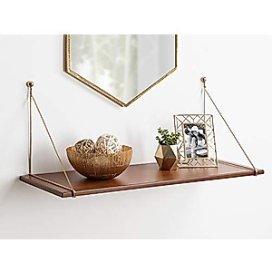 Kate and Laurel Vista Mid-Century Modern, Space-Saving, Wall Mounted Desk Shelf - Rich Walnut Brown Finished Wood Top Supported with Decorative Gold Wire