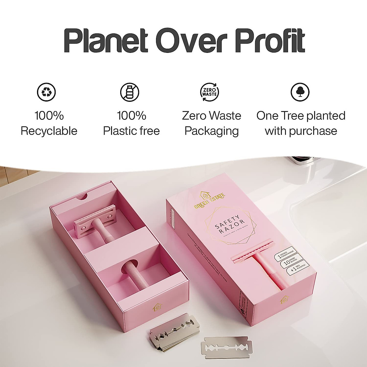 Double Edge Safety Razor for Women, Safety Razor with 10 Blades, Women Razor, Fits All Double Edge Razor Blades, Plastic Free (Pink)