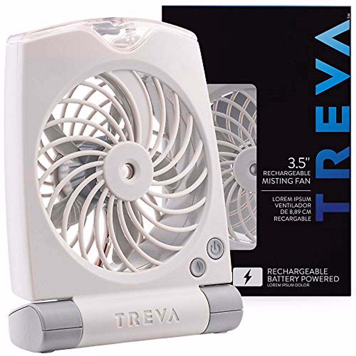 Treva 3-Speed Continuous Mister Fan – 3.5 Inch Personal Misting Fan with Intermittent or Constant Cooling Water Mist Sprayer - USB Rechargeable Battery - Portable for Travel, Camping, Beach, Desk