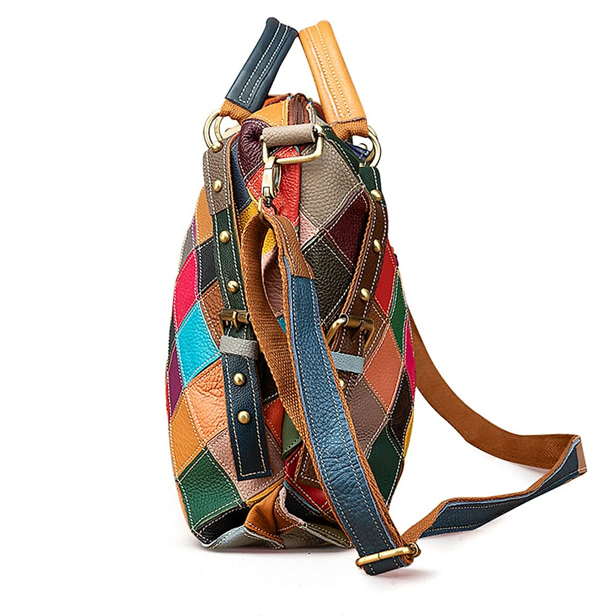 RainboSee Women Random Multicolor Handbag Genuine Leather Cube Splicing Shoulder Satchels