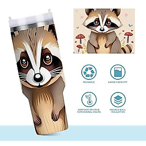 Cartoon Raccoon Tumbler with Handle and Straw 30-40 Lid Cup Holder Compatible for Travel Insulated Stainless Steel Cup Food Grade PP Gifts for Him Her BPA-free