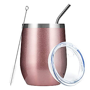 MEWAY Stemless 12 OZ Wine Tumbler Glasses with Lid -Insulated Double Wall Vacuum Stainless Steel Travel Tumbler with Straw,Gift for Woman Under 10 dollars (Rose gold,1)
