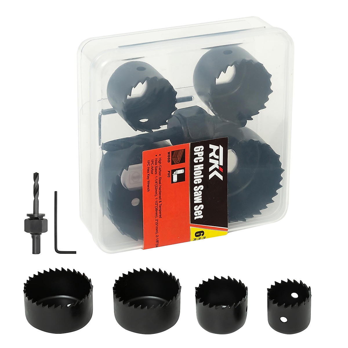 RKK 6PCS Hole Saw Kit, Carbon Steel Material 1-1/4" to 2-1/8"(32-54mm) Hole Saw Set for Soft Wood, PVC Board, Plywood (6PC)