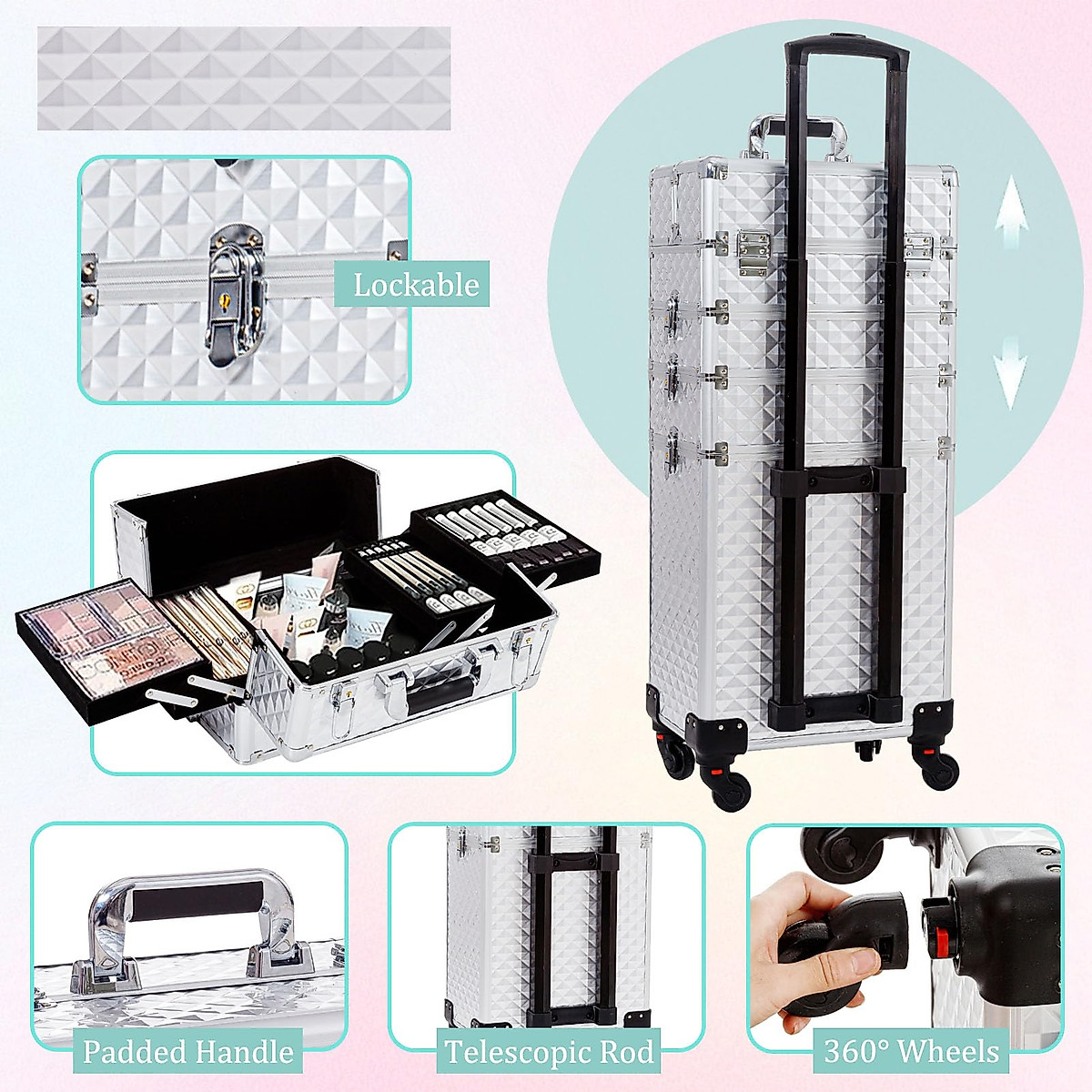 AROUS Rolling Makeup Train Case Large Storage Cosmetic Trolley 4 in 1 Large Capacity Trolley Makeup Travel Case with Key Swivel Wheels Salon Barber Case Traveling Cart Trunk, Silver