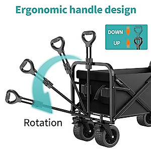 QivvMivo Collapsible Folding Wagon Load 330 Lbs, Heavy Duty Utility Beach Wagon Cart for Sand with Big Wheels, Adjustable Handle&Drink Holders for Garden Outdoor Camping Beach Sports, Grocery (Black)
