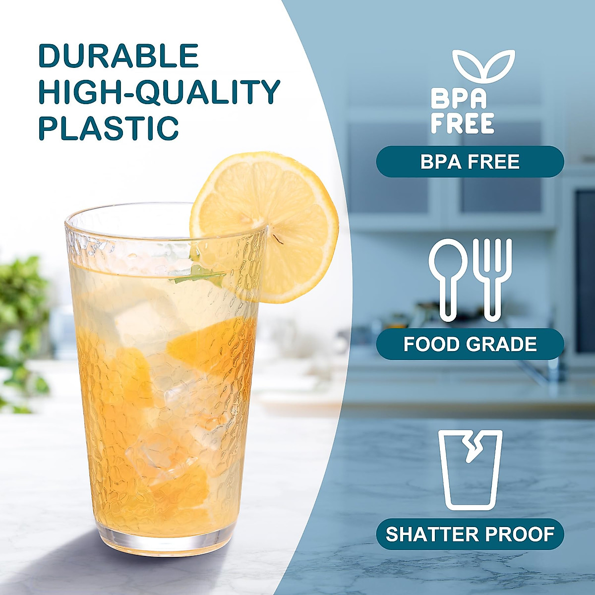 CiWiVOKi Plastic Drinking Glasses (Set of 16), 17oz Plastic Tumblers, Acrylic Glasses Drinkware, Reusable Plastic Cups for kitchen, Stackable, BPA-Free, Dishwasher-Safe, Clear