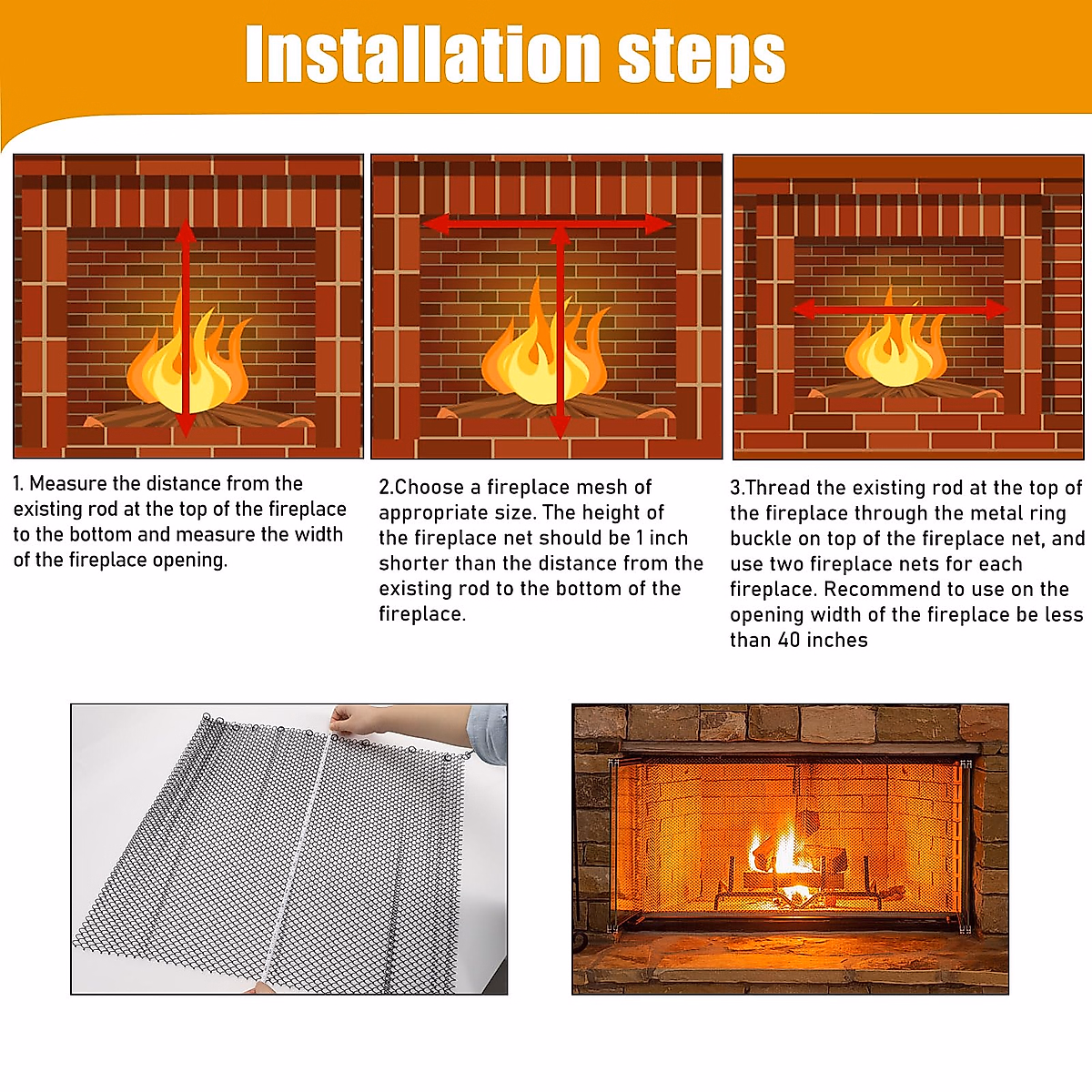 2 Pack Fireplace Mesh Screen Curtain,22”x24” Spark Guard Chain for Hearth,Metal Fireplace Replacement Black Hanging Mesh Curtain Screens for Home Wood Burning Fireplace