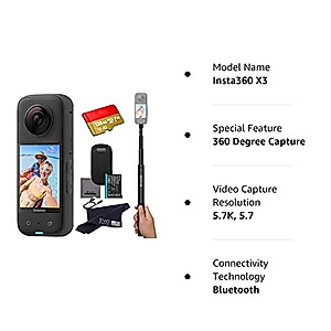 insta360 X3- Waterproof 360 Action Camera with 1/2'' 48MP Sensors, 5.7K HDR Video, 72MP Photo, 4K Single-Lens, 60fps Me Mode, 2.29'' Touchscreen, AI Editing |Bundle Includes Selfie Stick&128GB, Black