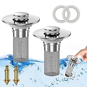 (2PCS) Bathroom Sink Drain Strainer, Pop-up Sink Drain Strainer with Removable Stainless Steel Strainer Basket Hair Catcher, Bathroom Sink Strainer for Bathroom Sink Stopper Replacement