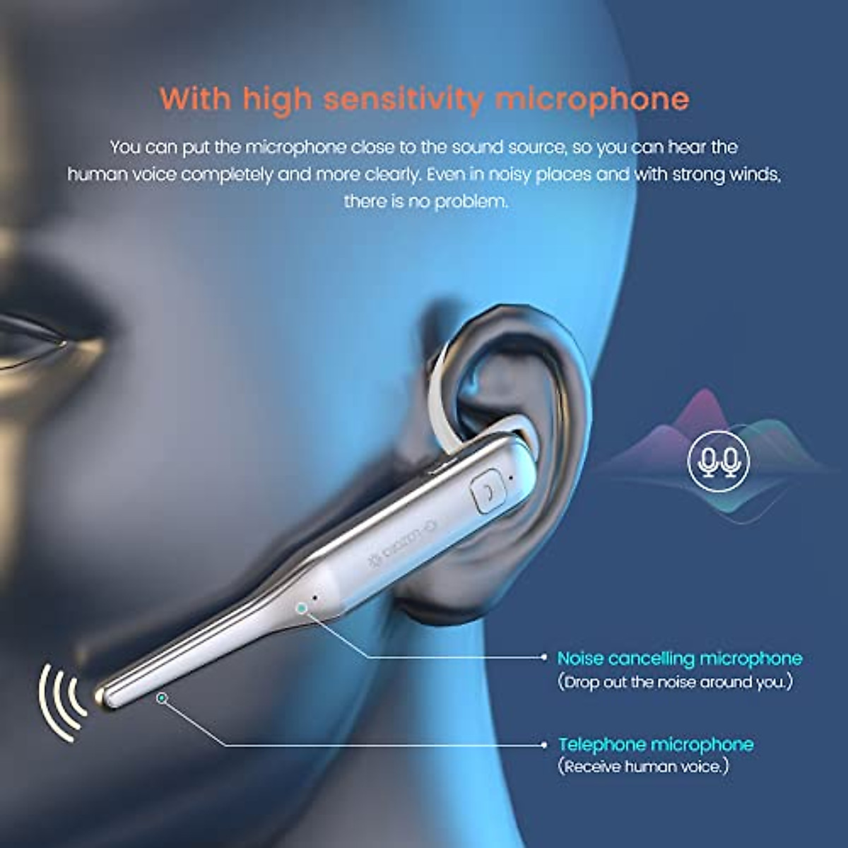 Glazata Wireless Headset with Dual MIC Noise Cancelling, apt-X & apt-X HD for Driving, Office, Business, Compatible with Cell Phone and PC - 「Silver」
