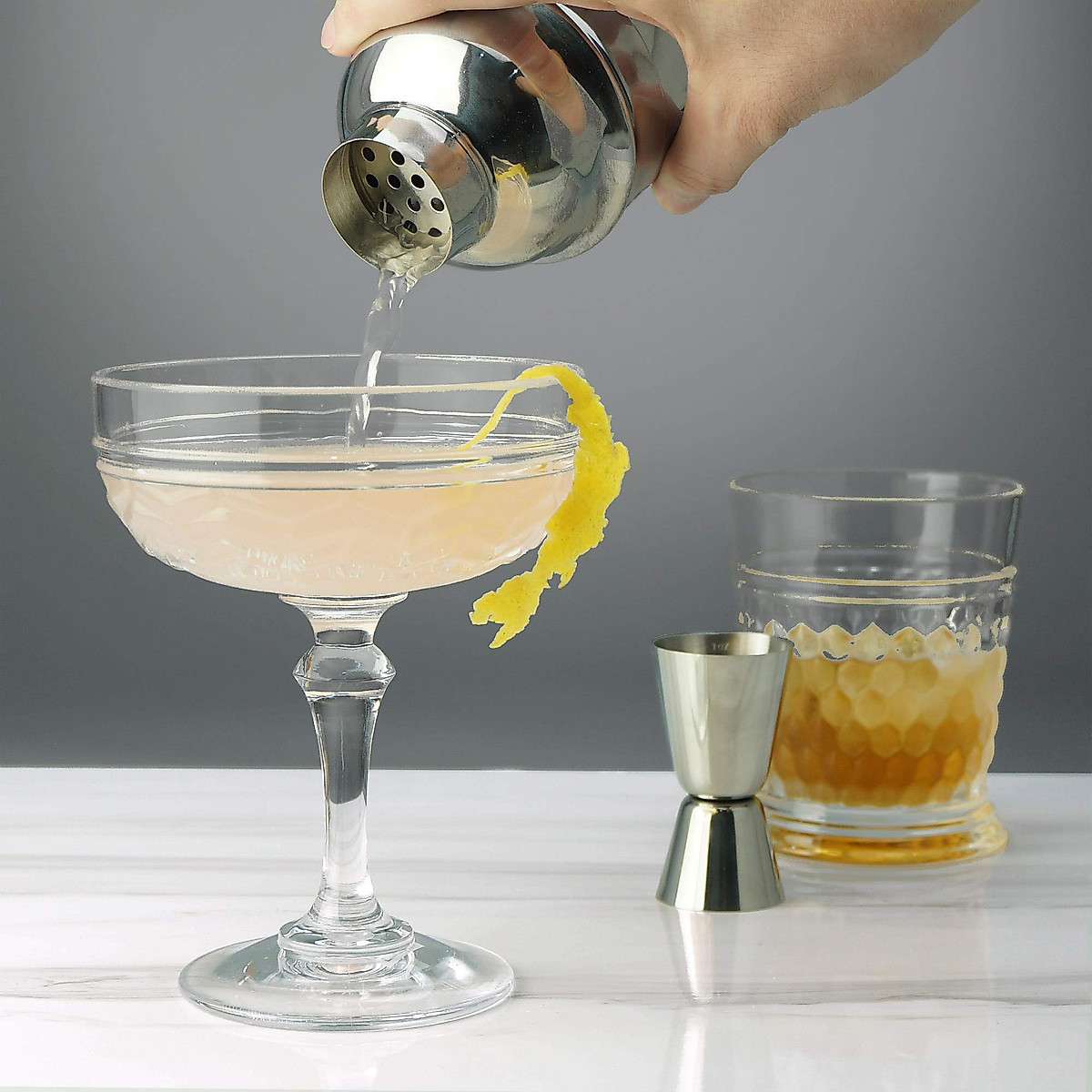 PG Professional Cocktail Shaker - 24 oz Stainless Martini Tin with Built-in Strainer and Measuring Cup - Perfect for Mixing Drinks