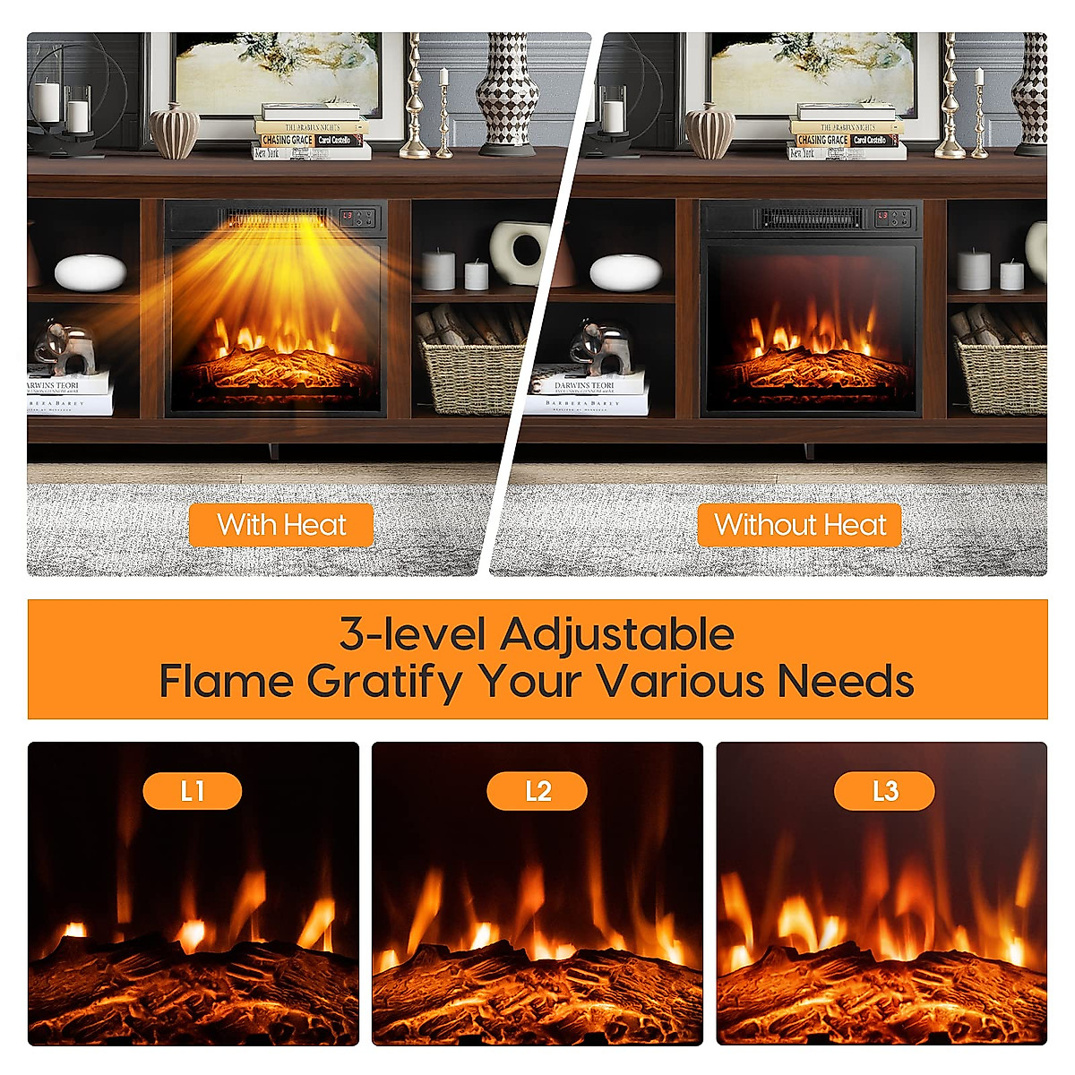 Electric Fireplace TV Stand for 65 Inch TV, 58 Inch Farmhouse Entertainment Center with 18" Fireplace, 6H Timer & Remote Control, 4 Storage Cabinet, Brown