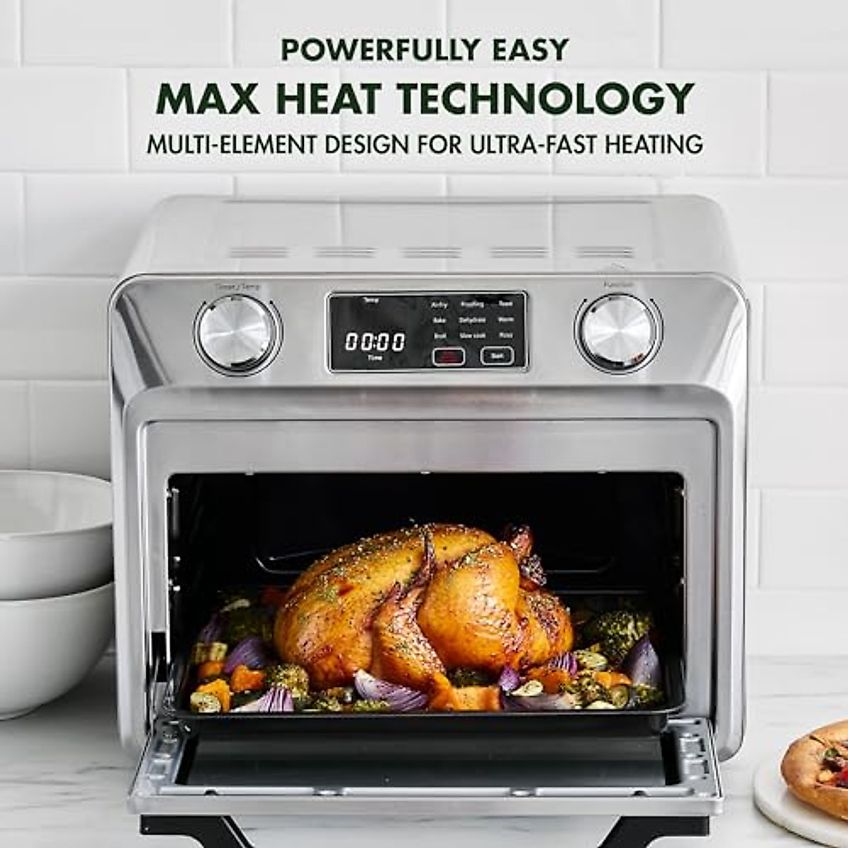 GreenPan Bistro Stainless Steel 9-in-1 Air Fry Oven, Nonstick Baking Pan, Stainless Steel Rack, and Basket, Fast Heating, Multifunction Presets, Cool-Touch Handle, PFAS-Free, Easy Cleanup Crumb Tray