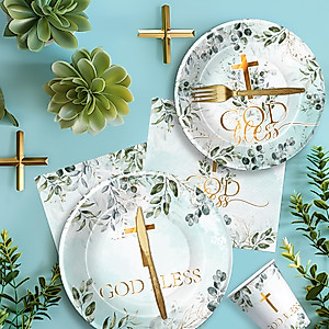 Suhelkit First Communion Decorations Tableware Boy - God Bless Baptism Plate, Cup, Napkin, Tablecloth, Cutlery, Mi Bautizo Eucalyptus Leaves Sage For Christening Baby Shower Religious Party | Serve 24