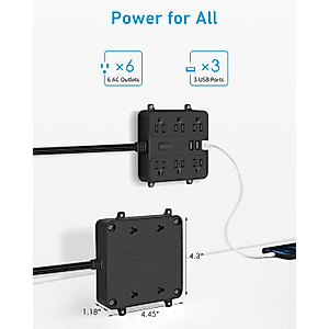 Flat Plug Power Strip, HEZI 6ft Flat Extension Cord, Surge Protector with 3 USB Ports & 6 Outlets Extender Slim Wall Mount Charging Station for Home Office Desk Black, with Plug