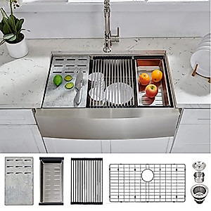 UFaucet 33 Inch Stainless Steel Farmhouse Sink, 33x22 Apron Front Sink Ledge Workstation, 16 Gauge Deep Single Bowl Kitchen Farm Sink with Accessories