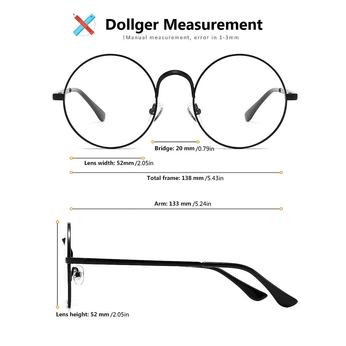 Votange Retro Round Metal Frames Glasses- Clear Lens, Black