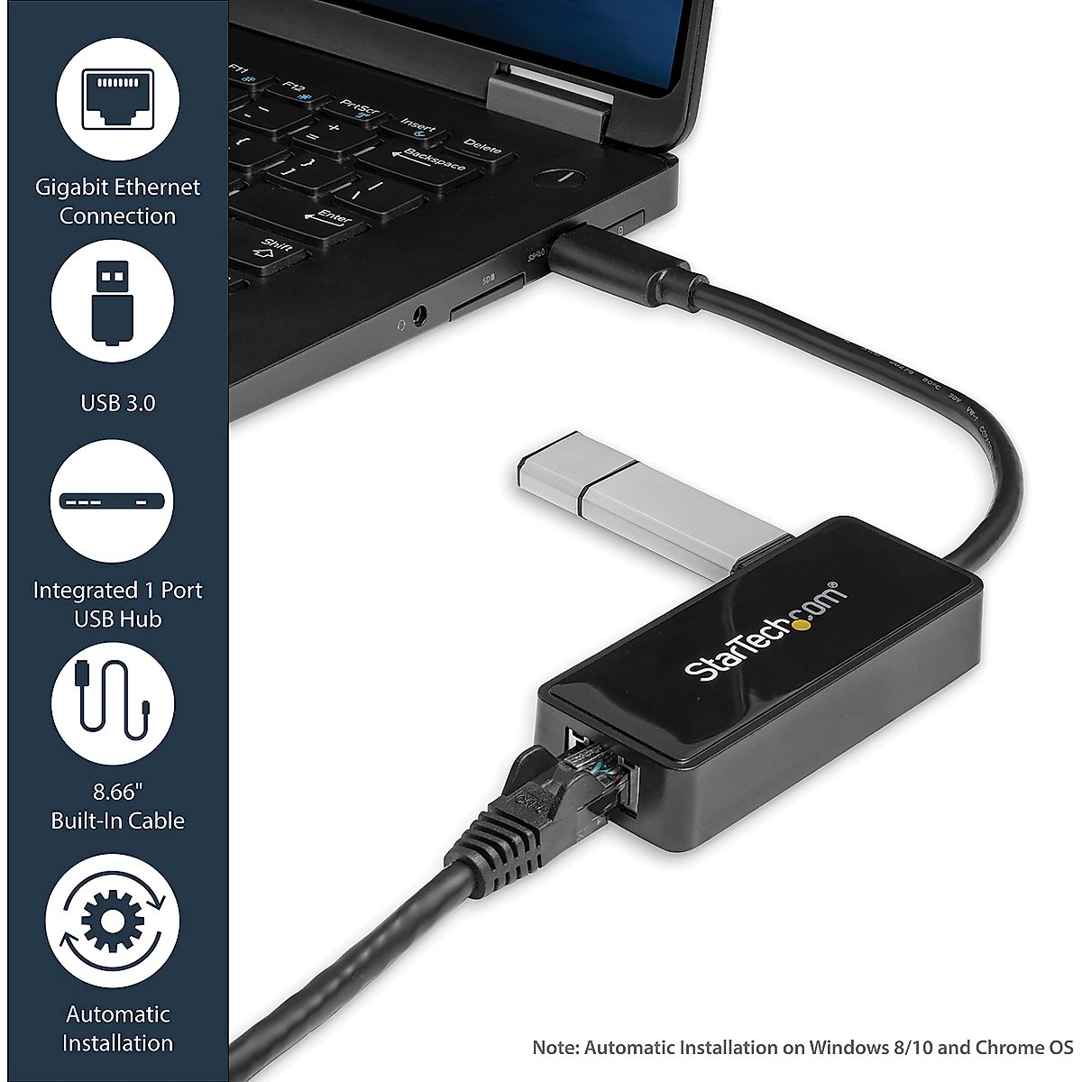 StarTech.com USB 3.0 Ethernet Adapter - USB 3.0 Network Adapter NIC with USB Port - USB to RJ45 - USB Passthrough (USB31000SPTB), Black, 0.7" x 1.4" x 5" x 5"