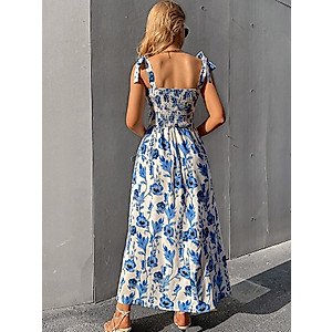 MakeMeChic Women's Summer Boho Dress Casual Floral Print Spaghetti Strap Square Neck Long Maxi Dress Beach Sun Dress A Blue and White M