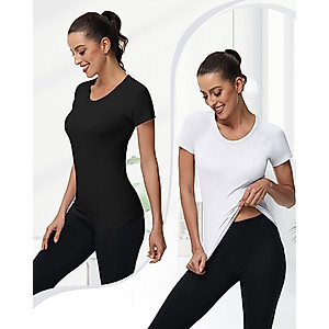 2 Pieces Women Long Sleeve Workout Shirt Seamless Workout Shirts with Thumb Holes Fitted Top Sports Yoga Athletic Shirt Top (Short Sleeve White, Black, X-Small)