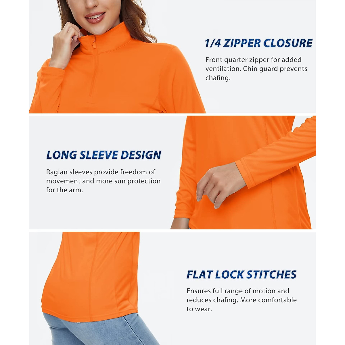 KEFITEVD Hiking Clothes for Women UV Sun Protection Shirts 1/4 Zip Pullover Athletic Tops Orange Running Shirts Long Sleeve Fishing Shirt Women