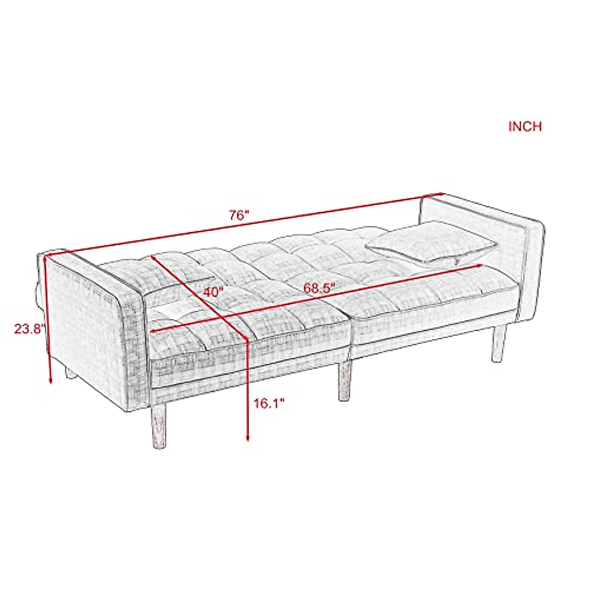 ERDAYE Modern Futon Sofa L x 33" W x 29" H, Longer Loveseat Convertible Sleeper Couch Bed (75" x 39.4' x 23.8" H) for Living Room Apartment Small Space Furniture Sets with 2 Pillows,Light Grey