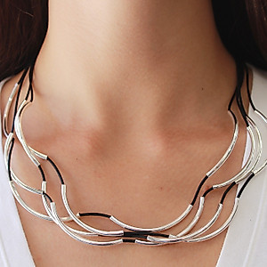 Lizzy Classic Natural Black Leather and Silver Wrap Bracelet Necklace (Large)