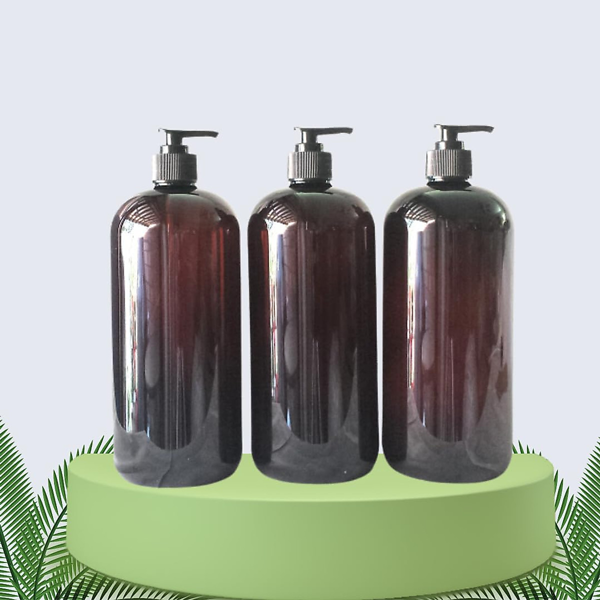 32 oz Amber Plastic PET Plastic Bottle with Black Hand Lotion Pump and Kraft Labels (3)