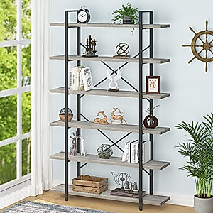 HSH 6 Tier Tall Bookshelf, Wood and Metal Vertical Display Book Shelf, Industrial 6 Shelf Bookcases and Book Shelves Storage Rack, Large Open Book Case for Bedroom Living Room Office, Light Grey Oak