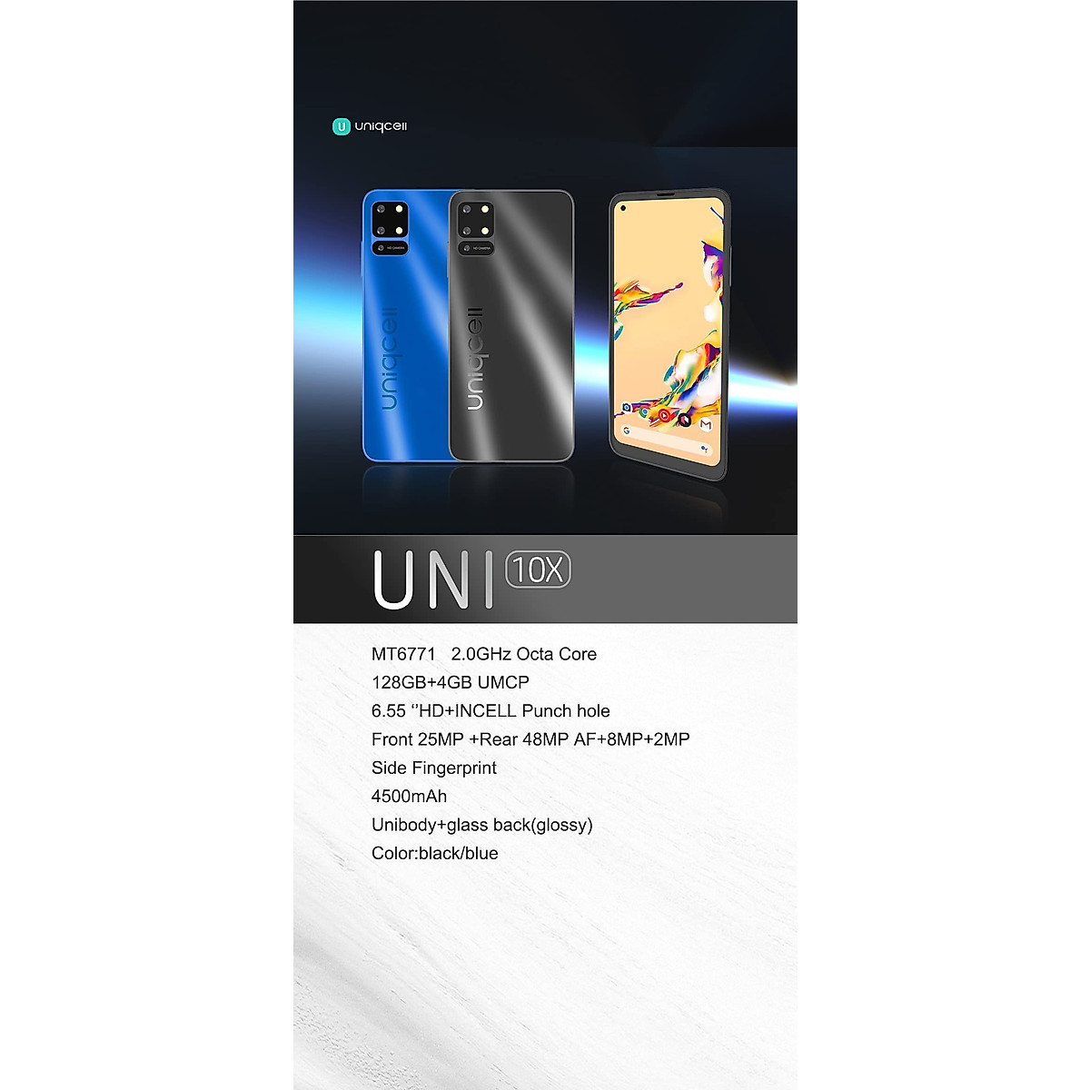 Uniqcell UNI 10X | Android Cell Phone | 6.55" HD+INCELL Punch Hole | Dual Sim | 128GB of Storage | Side Fingerprint (Black)