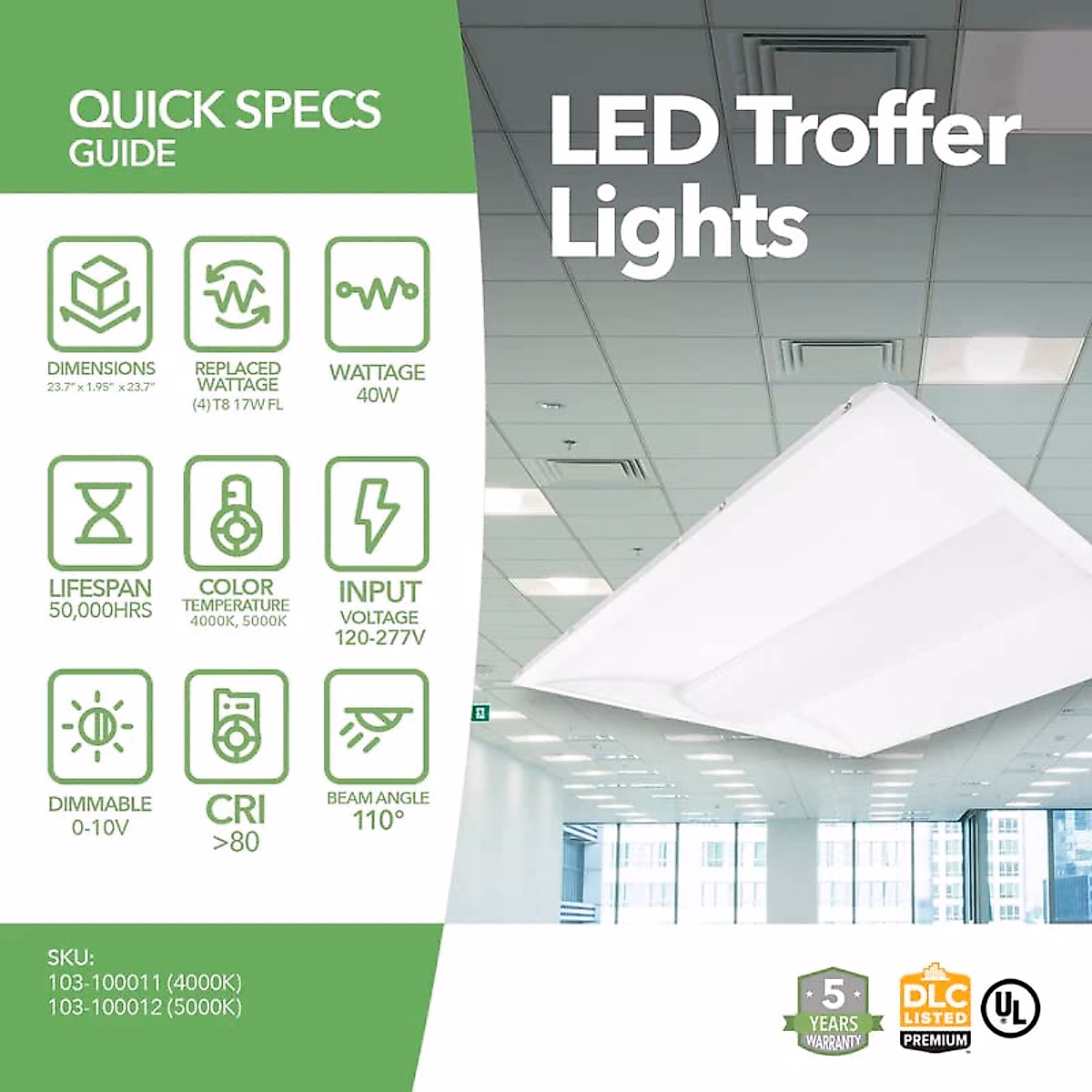 GREENLIGHTDEPOT LED Troffer Light - 2' X 2' - 40W - 2 Pack - Dimmable - (UL + DLC 5.1)
