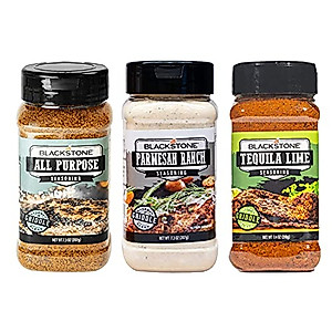 BBQ Seasonings and Rub Bundle - Blackstone All Purpose Seasoning 7.3 oz, Parmesan Ranch 7.3 oz, and Tequila Lime 7.4 oz with Coastal Cafe Dry Rub Tip Sheet (All Purpose/Parmesan Ranch/Tequila Lime)
