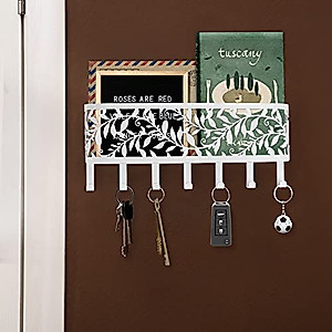 WYTAOHZL Key Holder for Wall Mail and Key Holder for Wall with 7 Key Hooks 11X4.6X2Inches Eucalyptus Design Mail Organizer Wall Mount Key Holder White Metal Key Hooks Key Hangers for Home Decorative