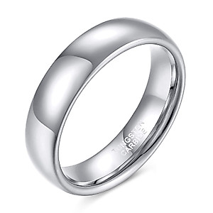 KAMASATO 6mm Tungsten Rings for Men Women High Polish Domed Silver Wedding Band Comfort Fit Size 7