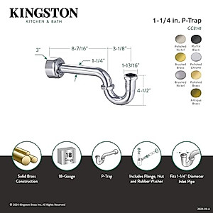Kingston Brass CC8141 Circlet 1-1/4-inch Brass P-Trap, 18 Gauge, Polished Chrome