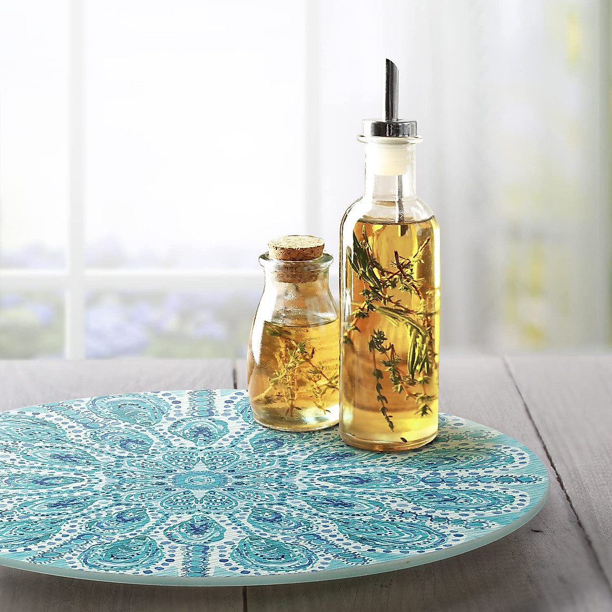 Ocean Fantasy 4mm Heat Tolerant Tempered Glass Lazy Susan Turntable 13" Round Cake Plate, Pizza Stand, Condiment Caddy