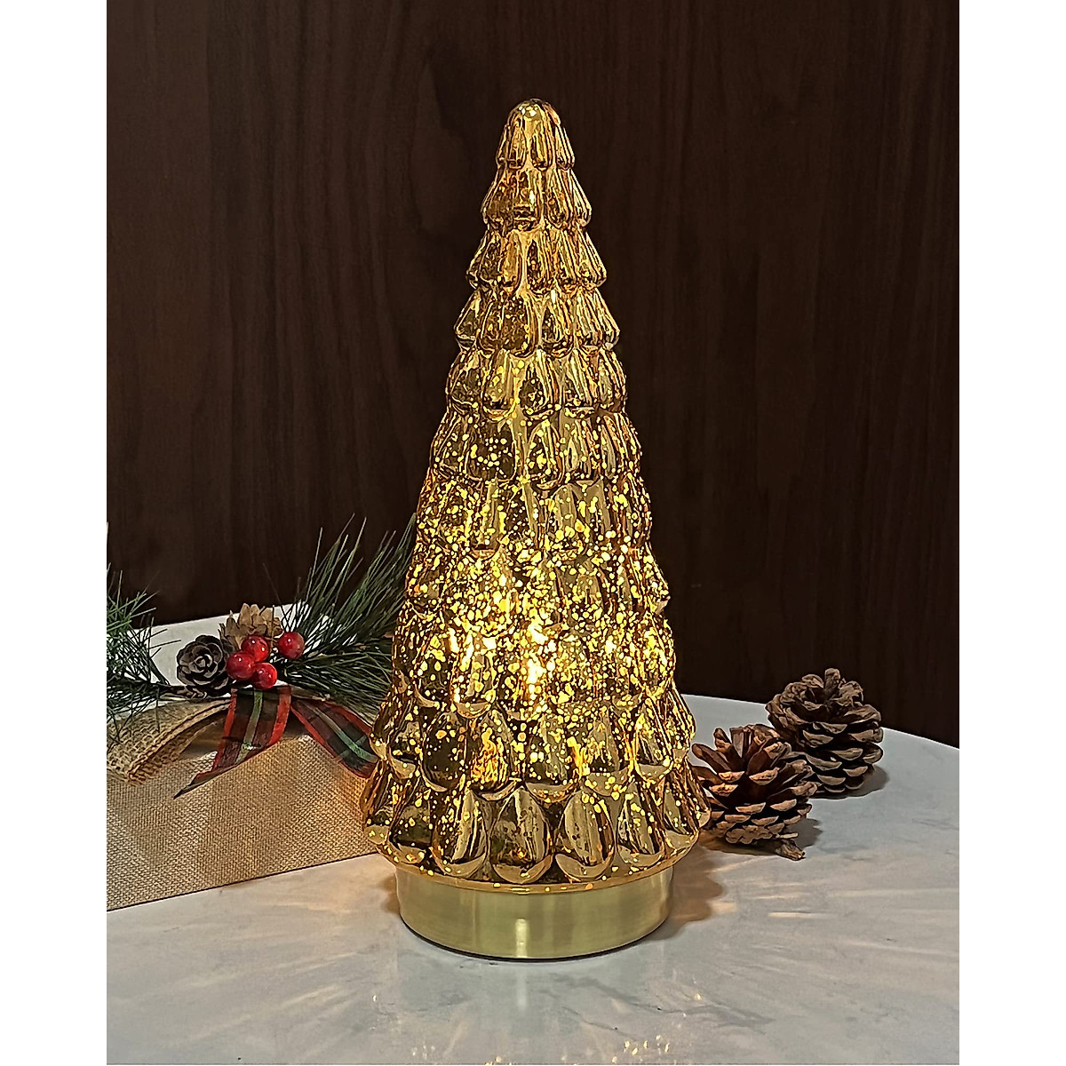 SHMILMH Gold Mercury Glass Christmas Tree 1pcs, Tabletop Christmas Tree with Light, Battery Operated Small Xmas Tree for Fireplace Centerpiece Decorations 10"
