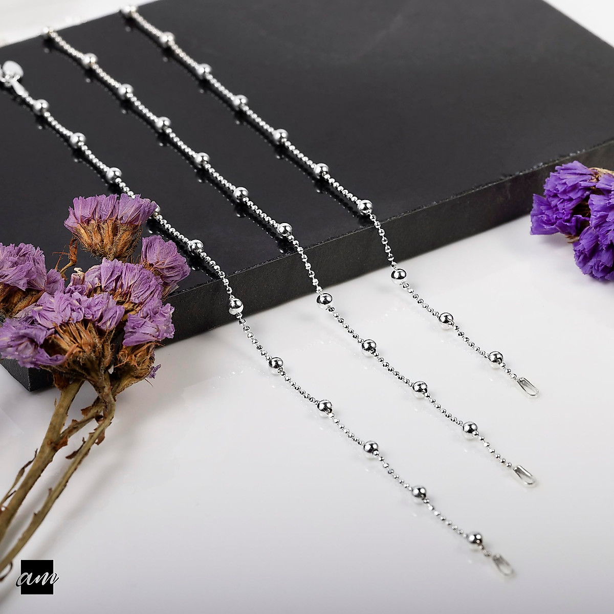 Amberta 925 Sterling Silver 3.2 mm / 1.1 mm Ball Bead Chain Bracelet Length 7.5" inch / 19 cm (7.5)