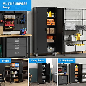 Aobabo Garage Storage Cabinet with Wheels,72In High Lockable Metal Storage Cabinet for Garage Home Storage, Black Required-Assembly