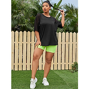 MakeMeChic Women's Plus Size Athletic Shirts Casual Letter Graphic Short Sleeve Round Neck Split Workout Sports Tee Tops Black B 4XL