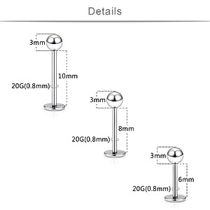 SCERRING 18PCS 20g Stainless Steel 3mm Balls Labret Monroe Lip Tragus Cartilage Helix Earring Ring Body Piercing Jewelry 6mm 8mm 10mm - Silver