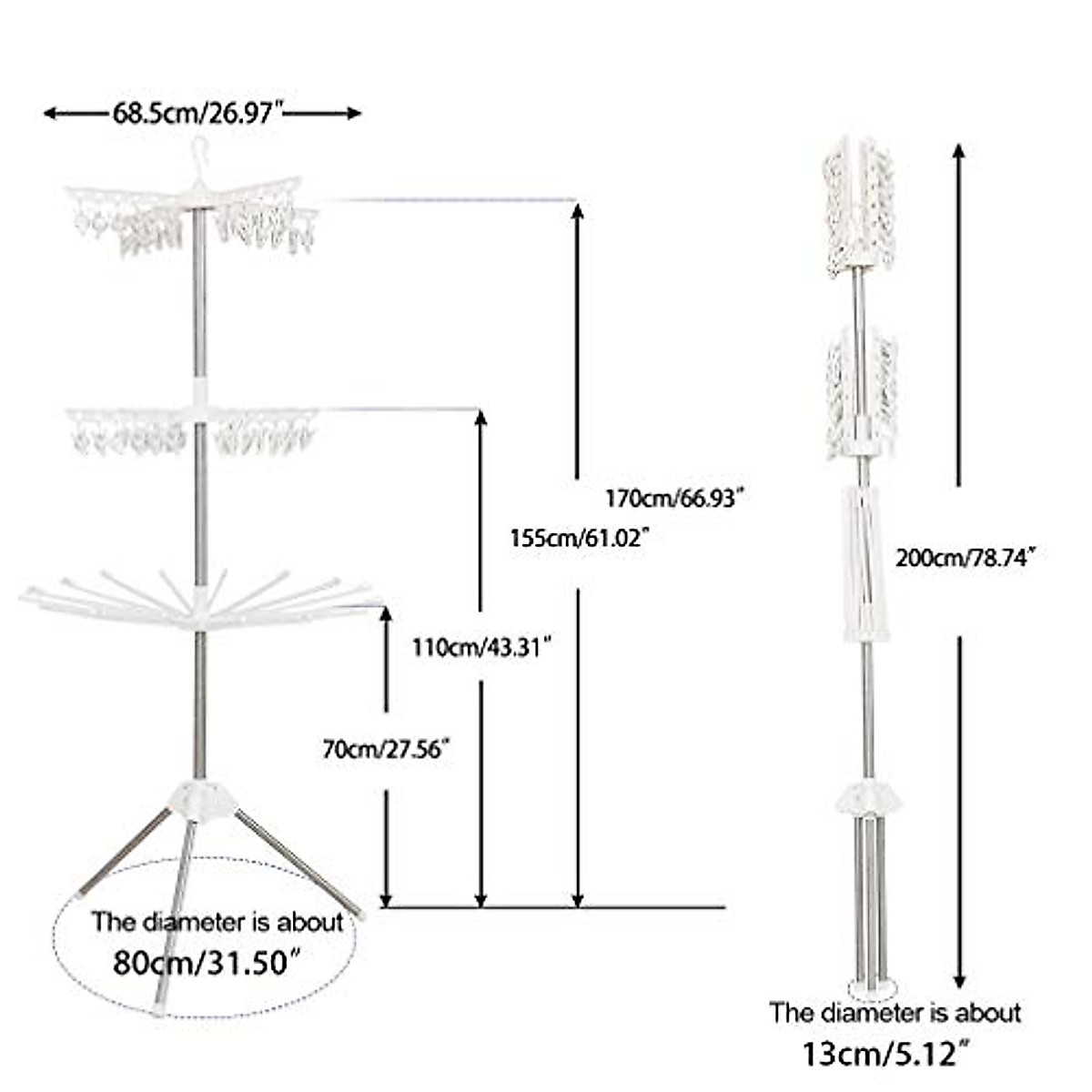 Hershii 3 Tiers Collapsible Clothes Drying Rack Folding Tripod Laundry Garment Storage Hanger Organizer Indoor Outdoor Space Saver with 48 Clips & 16 Towels Bars - Ivory