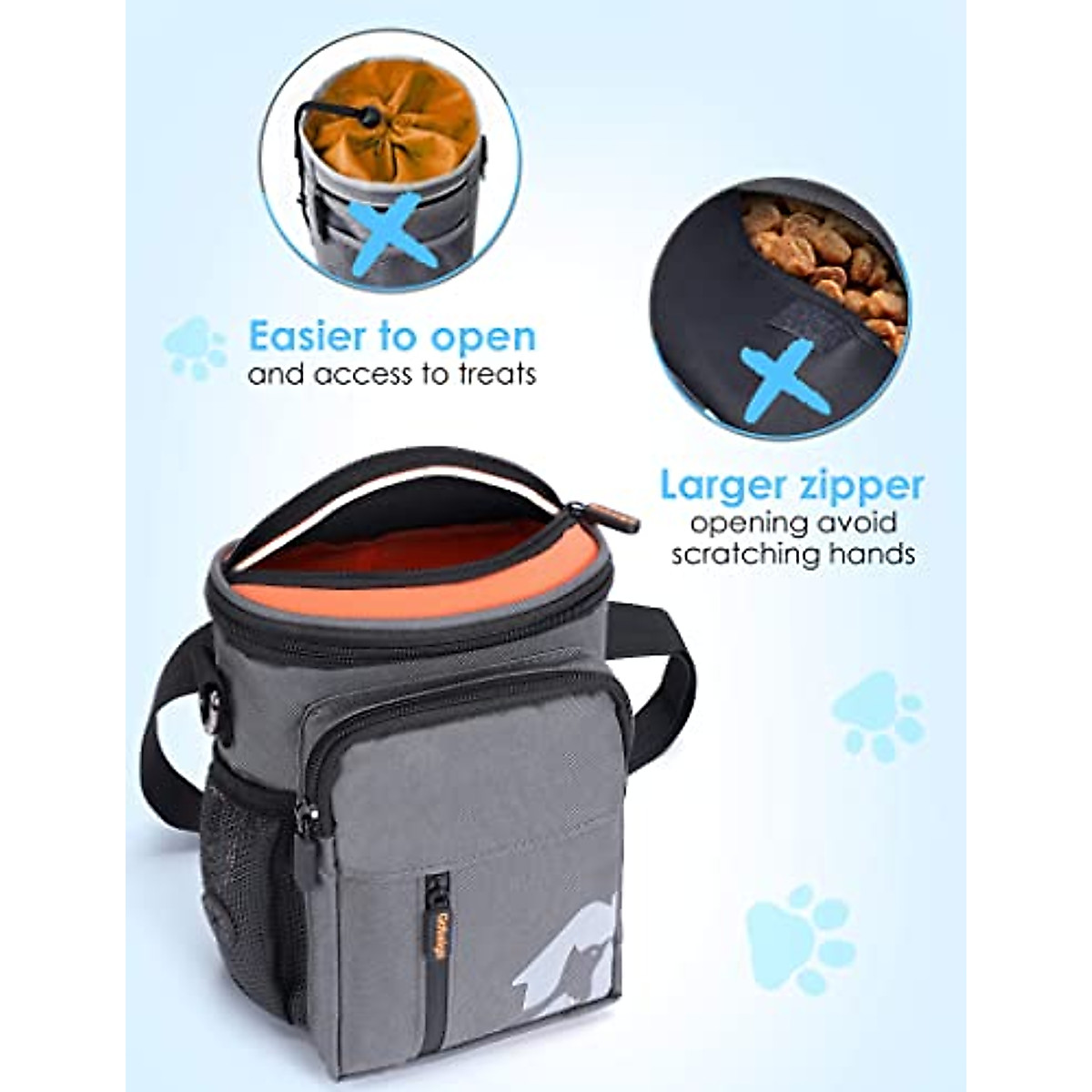 Gobeigo Dog Training Treat Pouch, Pet Treat Bag Holder with Zipper Split Top, Built-in Poop Bag Dispenser, Dog Fanny Pack for Puppy Training, Dog Walking, Hiking, Outdoor Travel (Gray & Orange)