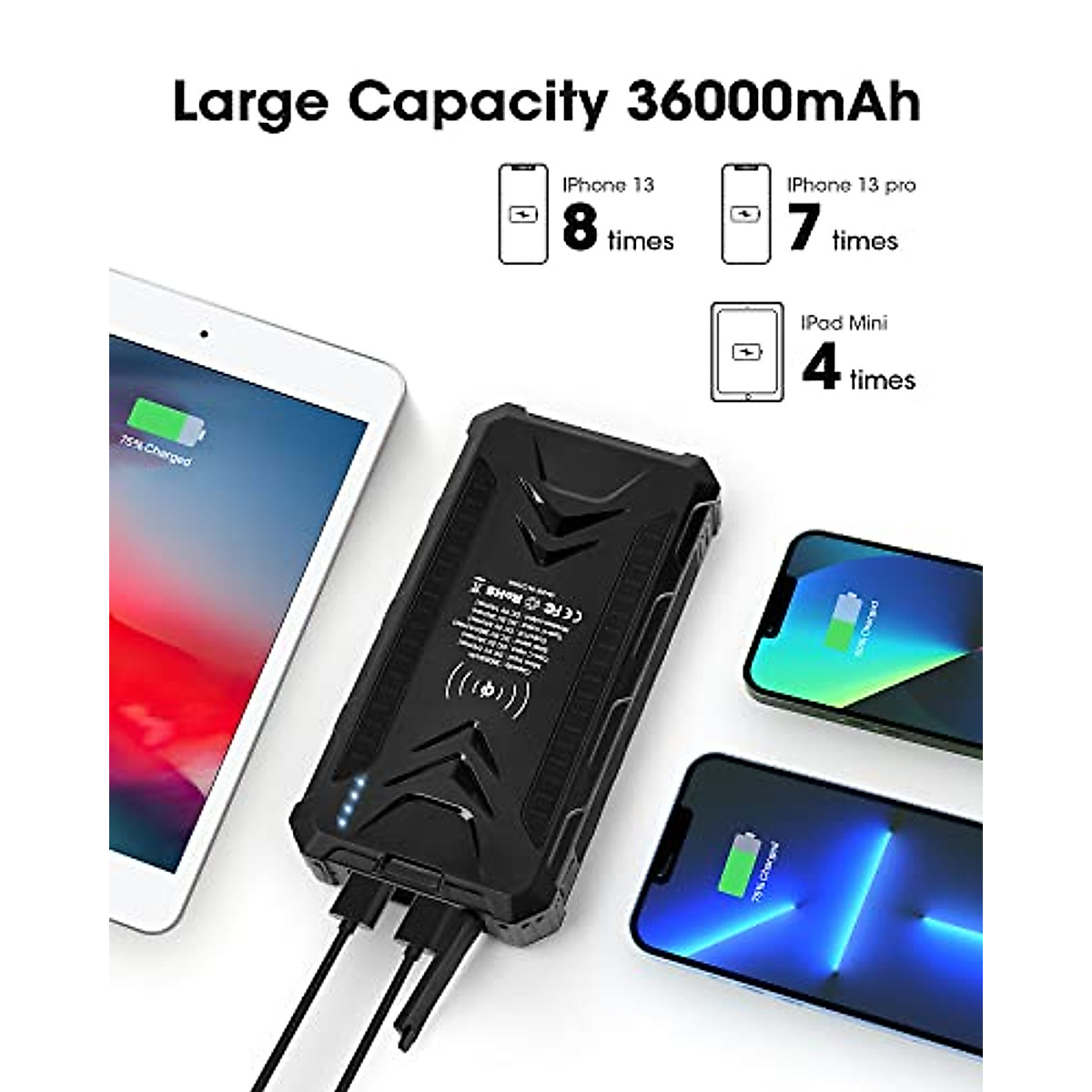 Solar Power Bank 36000mAh, Qi Wireless Charger, DJROLL Solar Charger with Dual USB 15W Output, IP66 Waterproof Powerbank, Flashlights Cell Phone Charger for Camping Outdoor (Black)